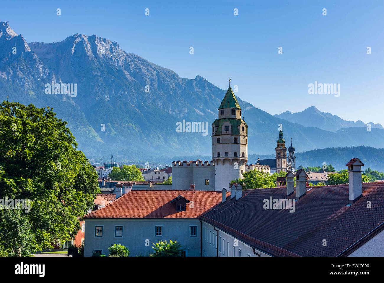 Hasegg Castle with Mint Tower or Münzerturm , church Herz-Jesu-Basilika ...