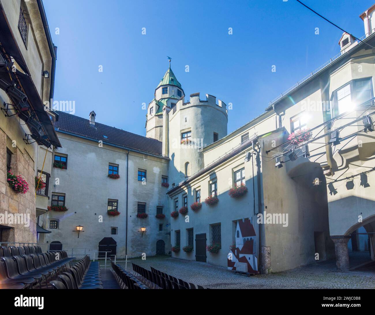 courtyard of Hasegg Castle with Mint Tower or Münzerturm Hall in Tirol ...