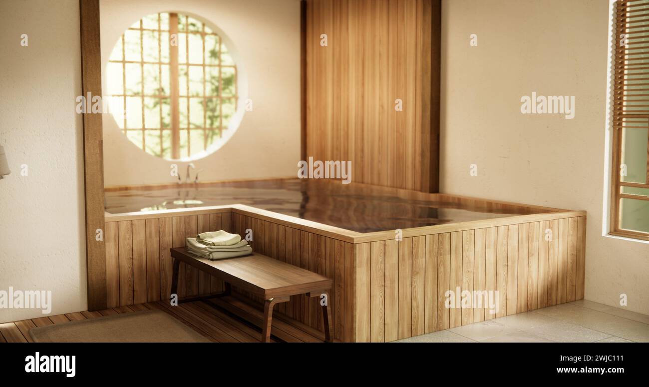 Wooden Japan bathroom modern Onsen minimal style Stock Photo - Alamy