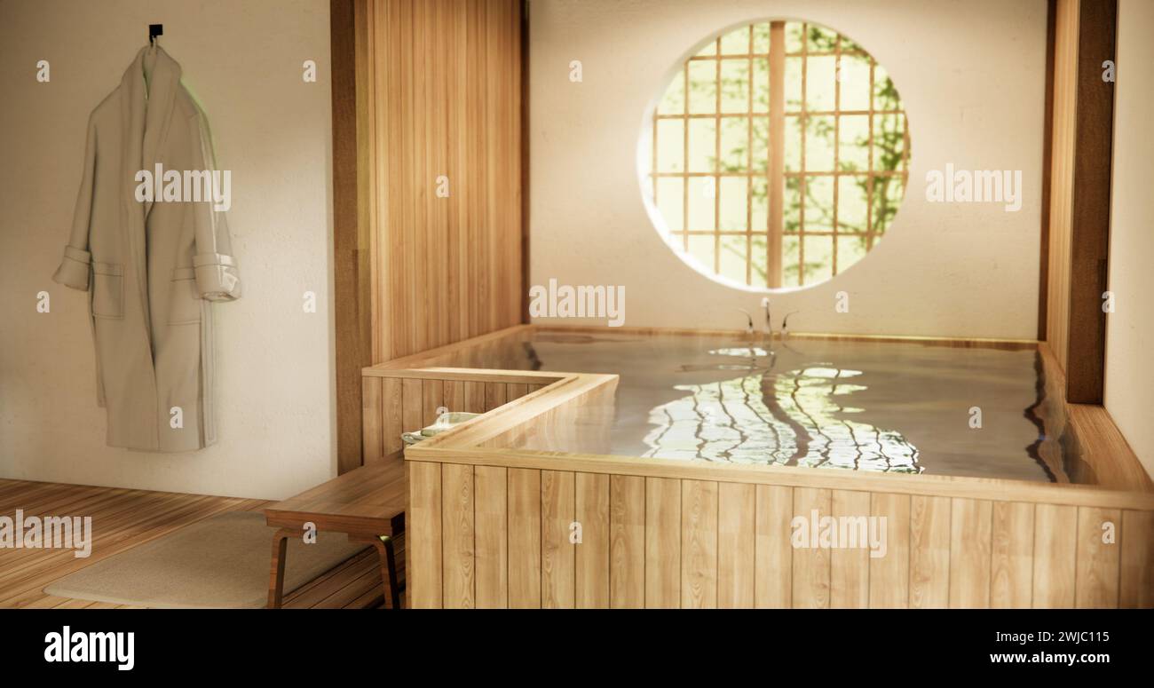 Wooden Japan bathroom modern Onsen minimal style Stock Photo - Alamy