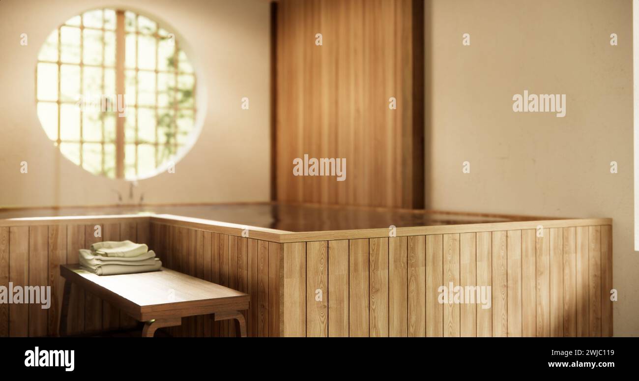 Wooden Japan bathroom modern Onsen minimal style Stock Photo - Alamy