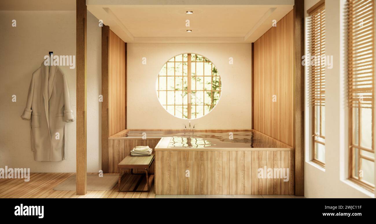 Wooden Japan bathroom modern Onsen minimal style Stock Photo - Alamy