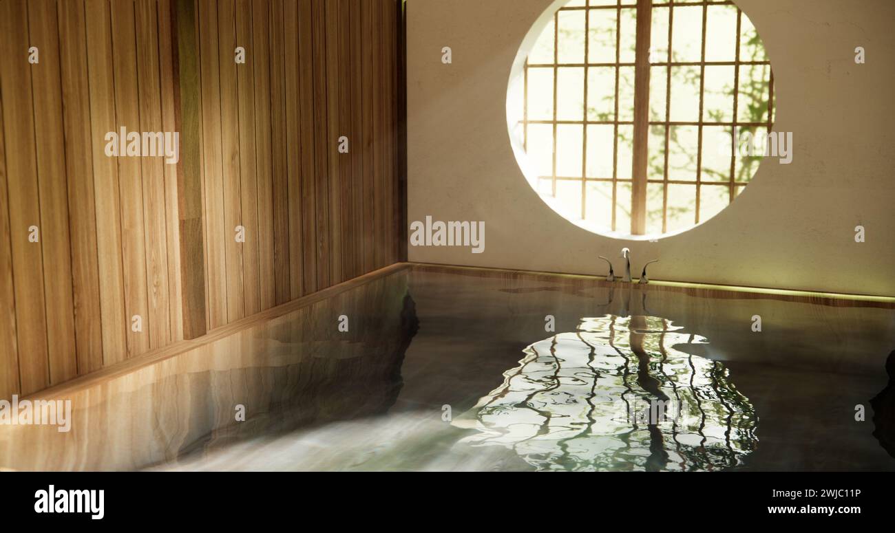Wooden Japan bathroom modern Onsen minimal style Stock Photo - Alamy