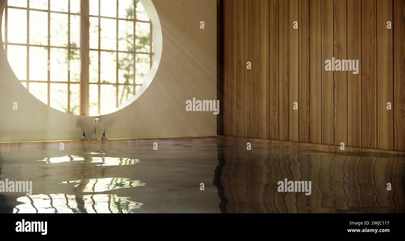 Wooden Japan bathroom modern Onsen minimal style Stock Photo - Alamy