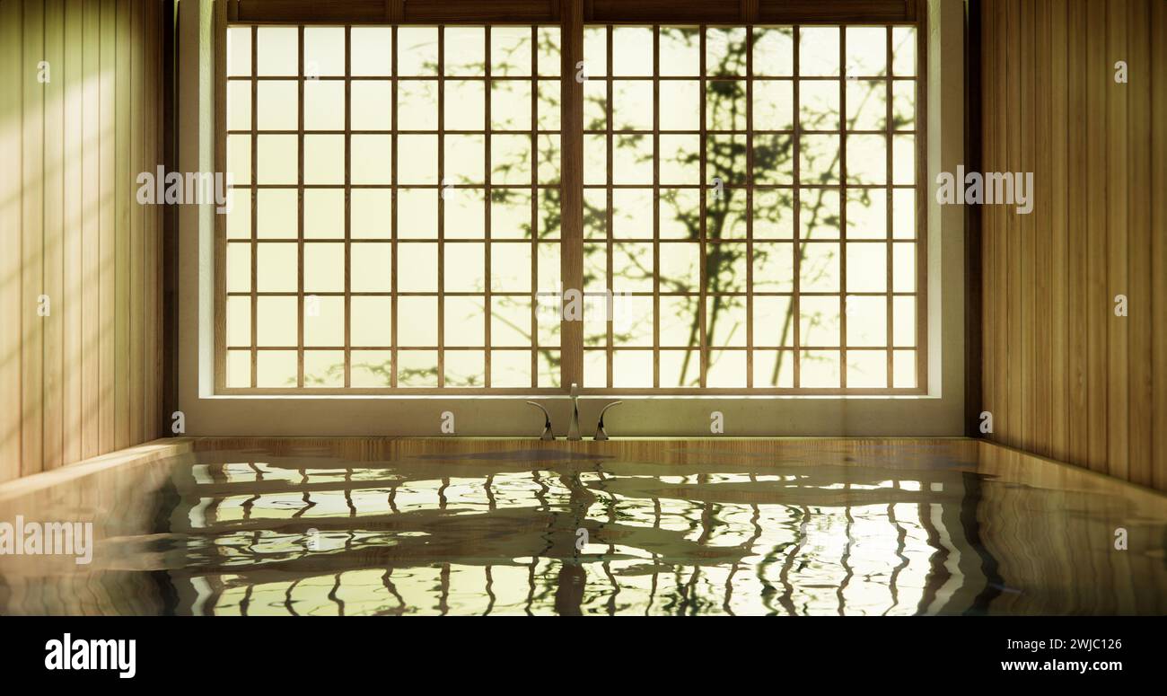 Wooden Japan bathroom modern Onsen minimal style Stock Photo - Alamy