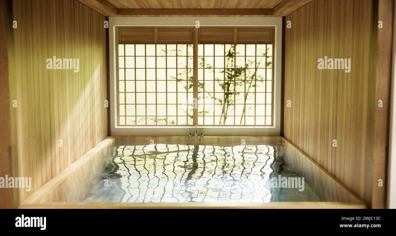 Wooden Japan bathroom modern Onsen minimal style Stock Photo - Alamy