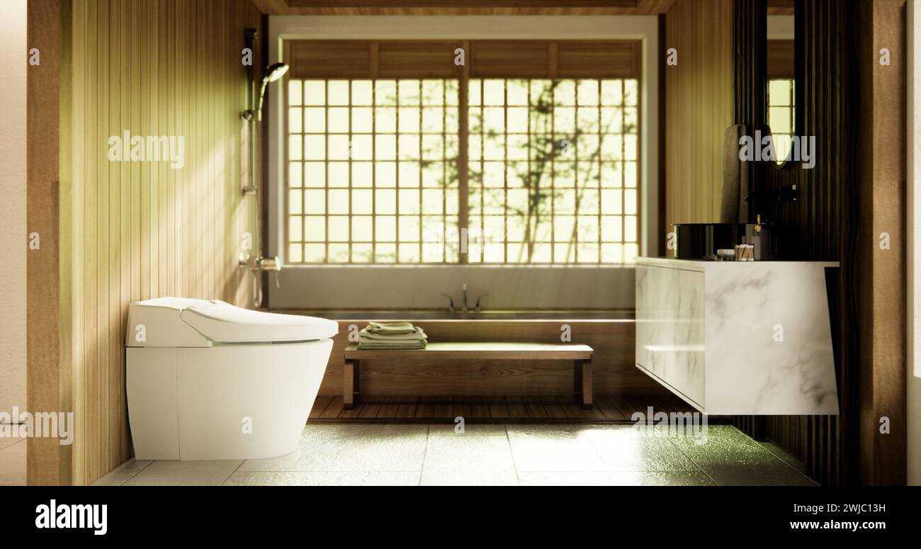 Wooden Japan bathroom modern Onsen minimal style Stock Photo - Alamy