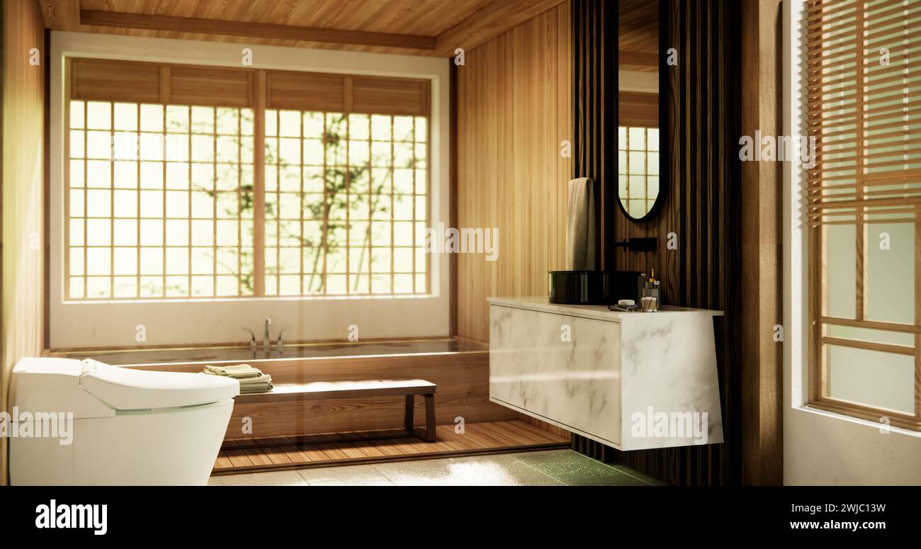 Wooden Japan bathroom modern Onsen minimal style Stock Photo - Alamy