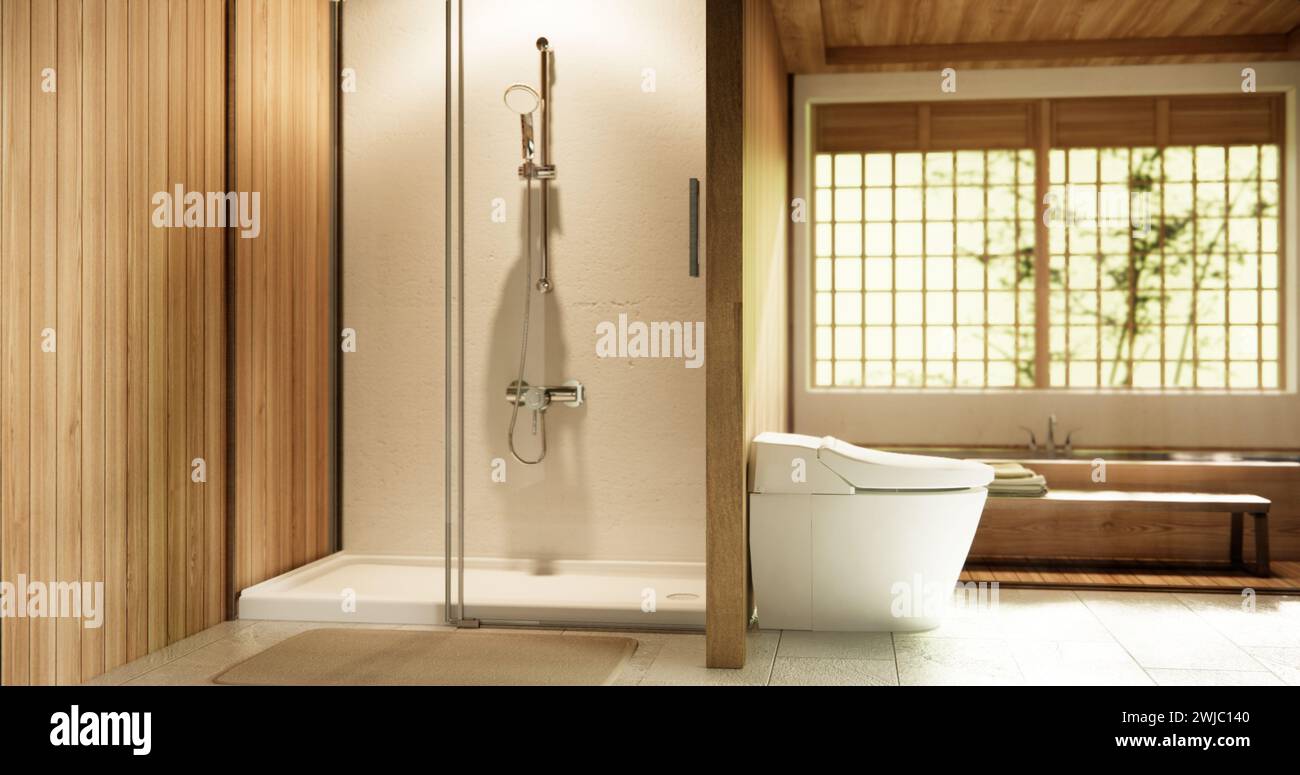 Wooden Japan bathroom modern Onsen minimal style Stock Photo - Alamy