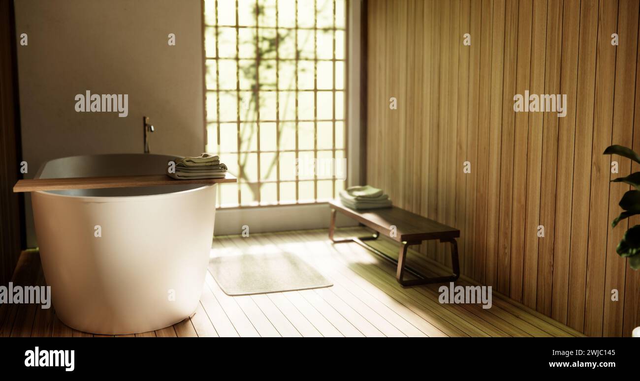Wooden Japan bathroom modern Onsen minimal style Stock Photo - Alamy