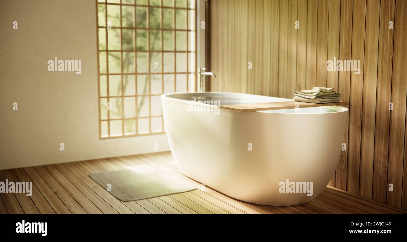 Wooden Japan bathroom modern Onsen minimal style Stock Photo - Alamy