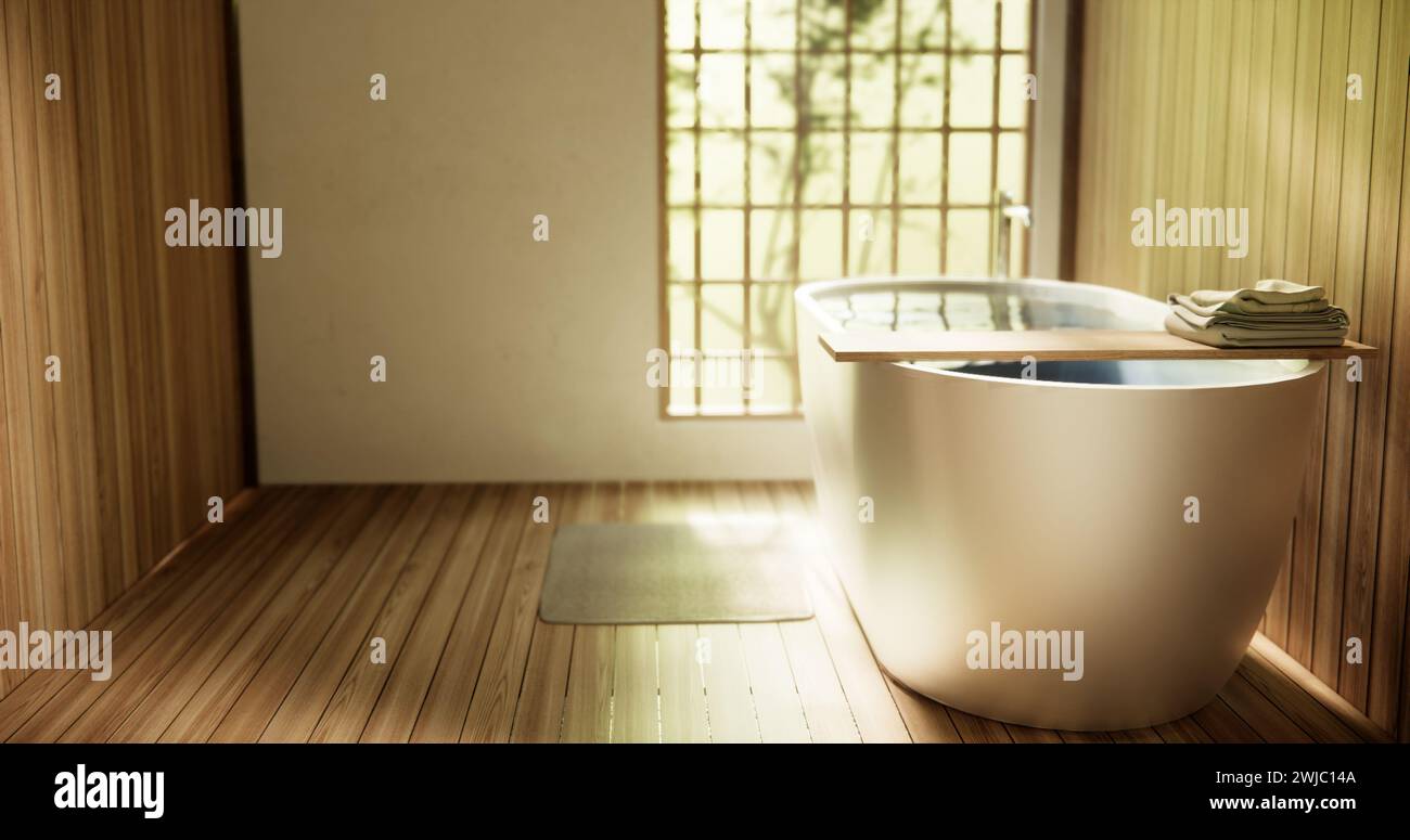 Wooden Japan bathroom modern Onsen minimal style Stock Photo - Alamy