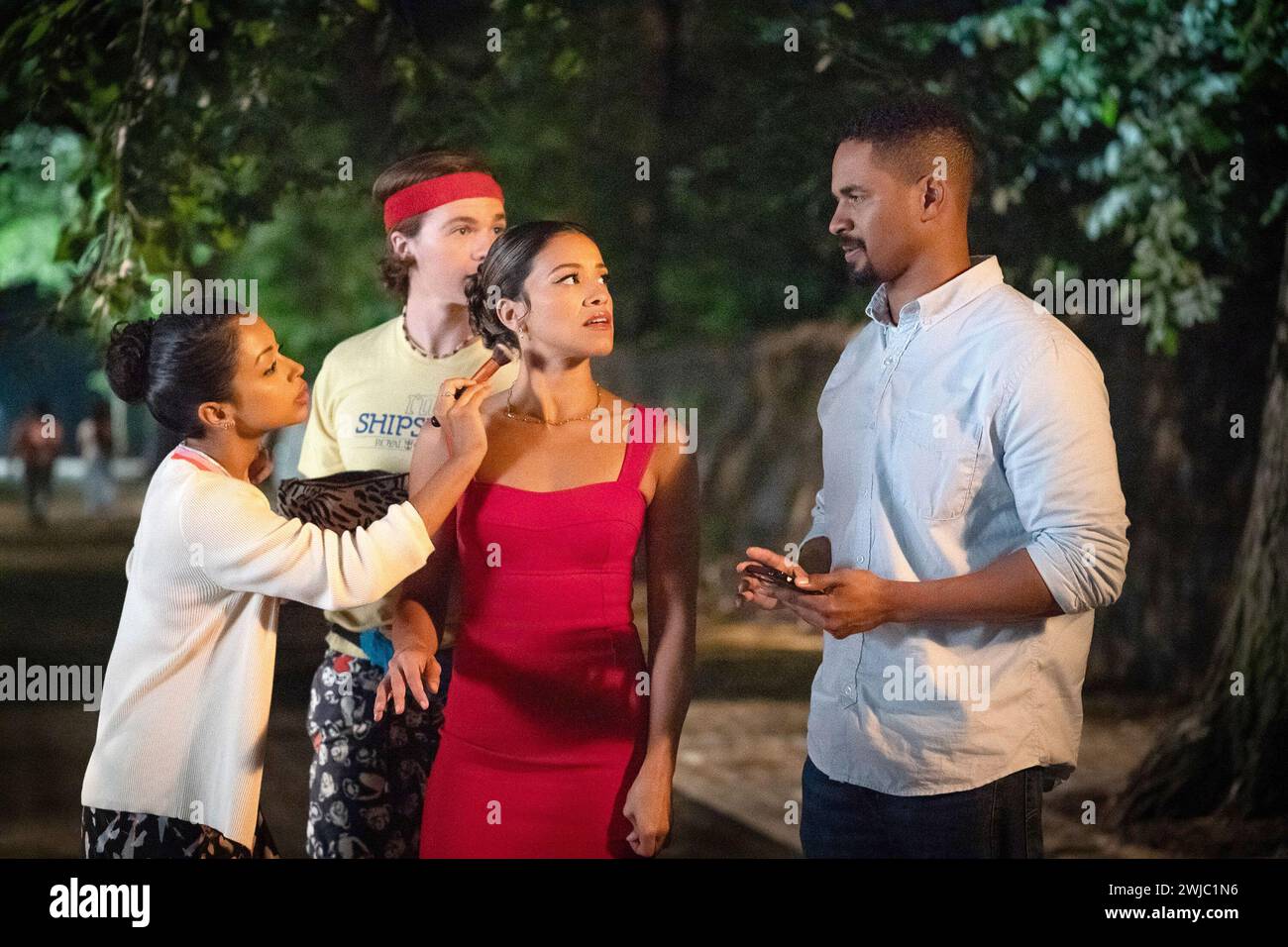 PLAYERS, from left: Liza Koshy, Joel Courtney, Gina Rodriguez, Damon Wayans Jr., 2024. ph: K.C ...