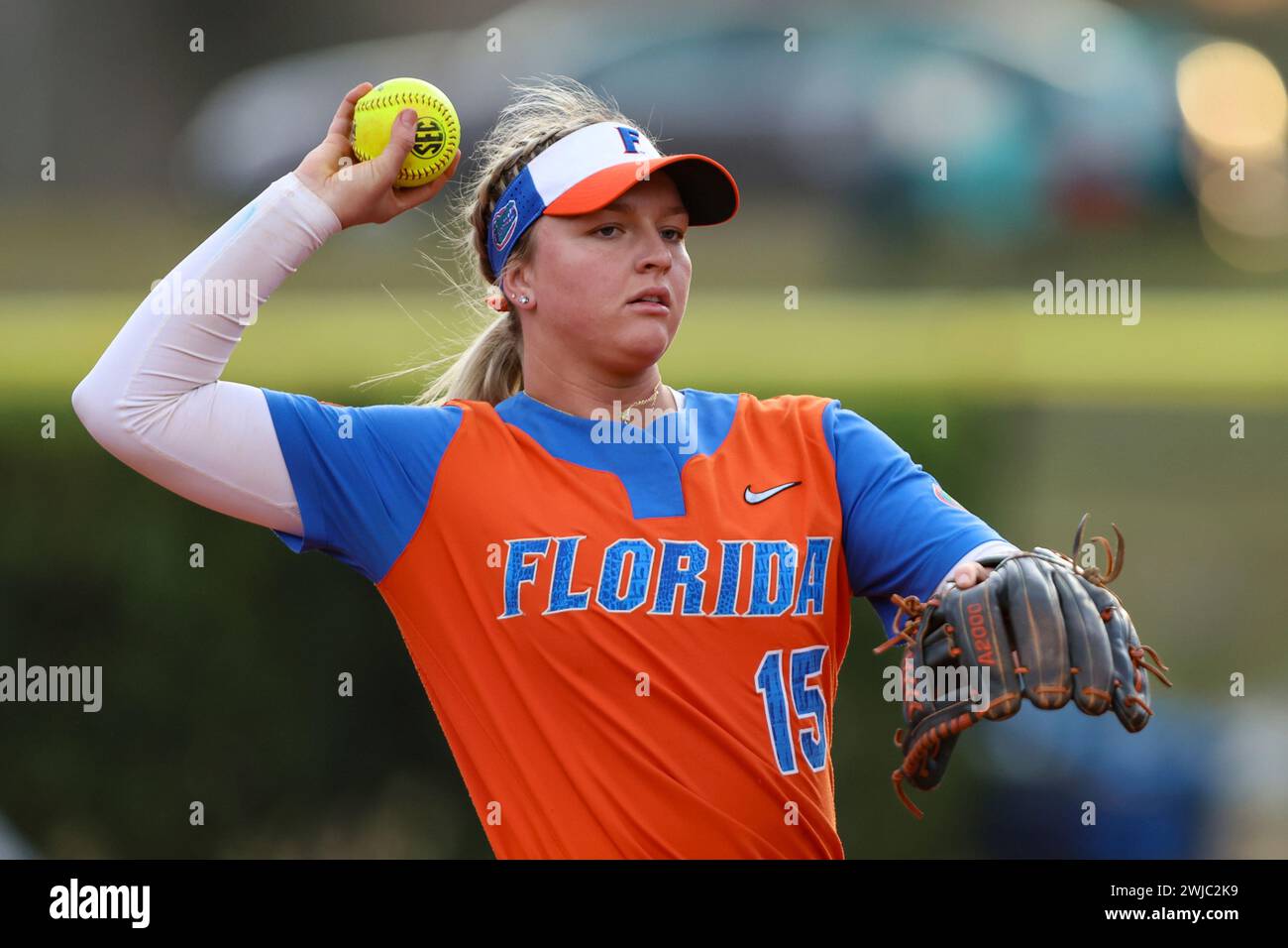 Florida infielder Reagan Walsh (15) warms up before an NCAA softball ...