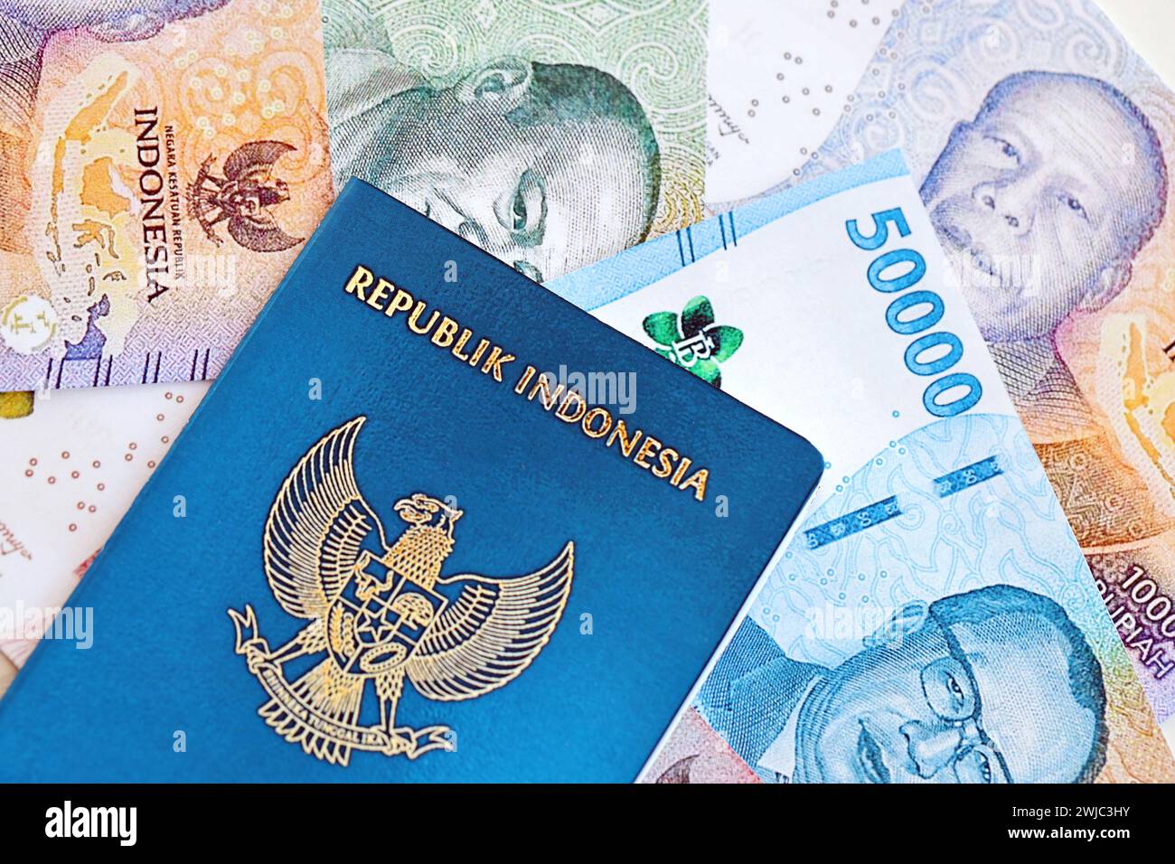 Indonesia passport and many indonesian rupiah currency money bills ...