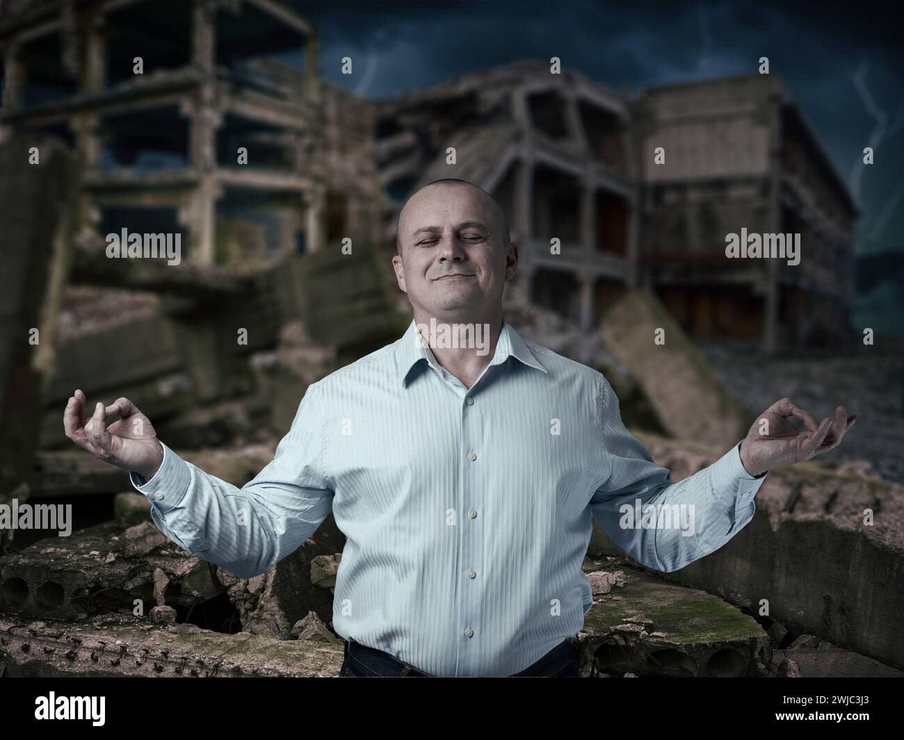 Businessman trying to be zen chill while disaster is unfolding behind ...