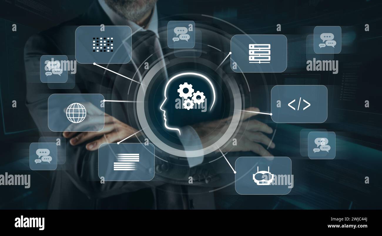 Businessman arms folded, virtual screen with AI application. Man uses ...