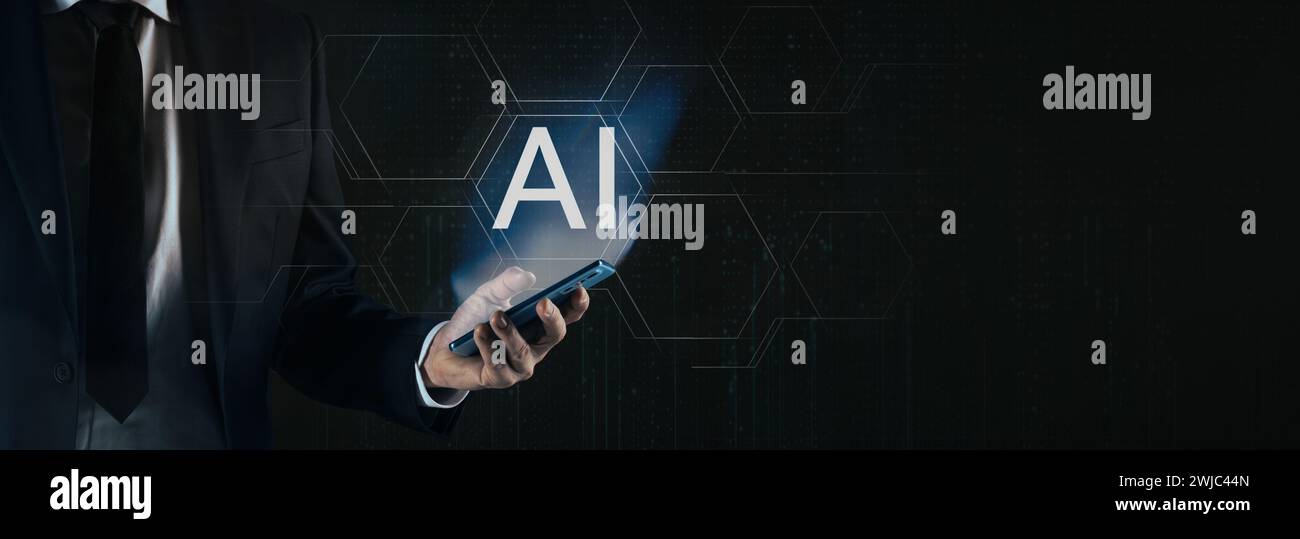 Businessman uses a smartphone with AI application. Man uses Artificial ...