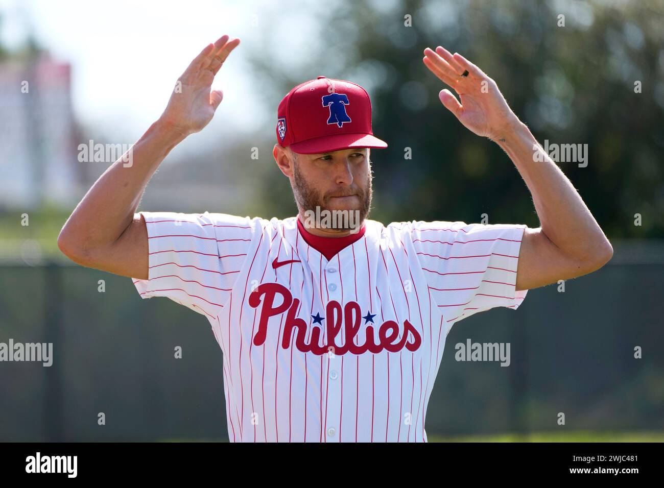 Philadelphia Phillies pitcher Zack Wheeler stretches during a baseball ...