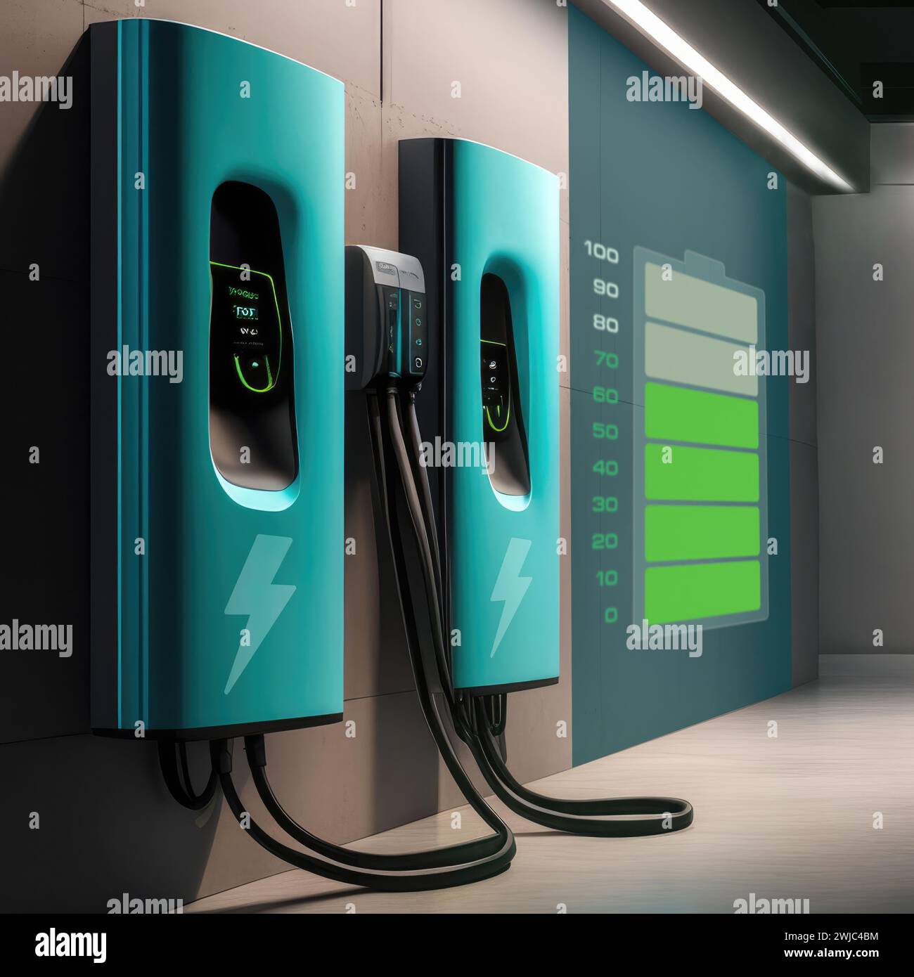 Battery packs for charging electric cars at home. Charge point in garage. Car parking plug-in ...