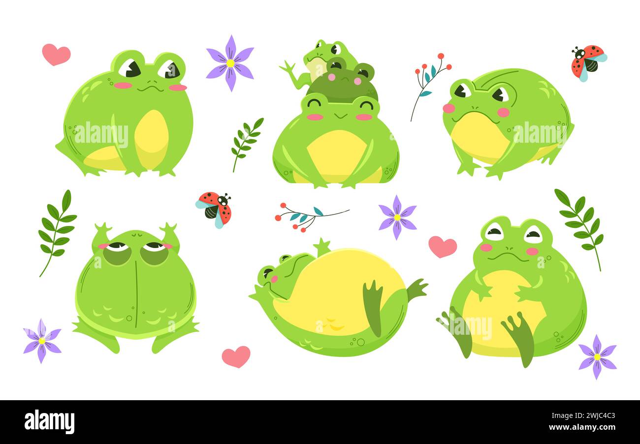 Set of cute green frogs surrounded by spring flowers. Kawaii character ...