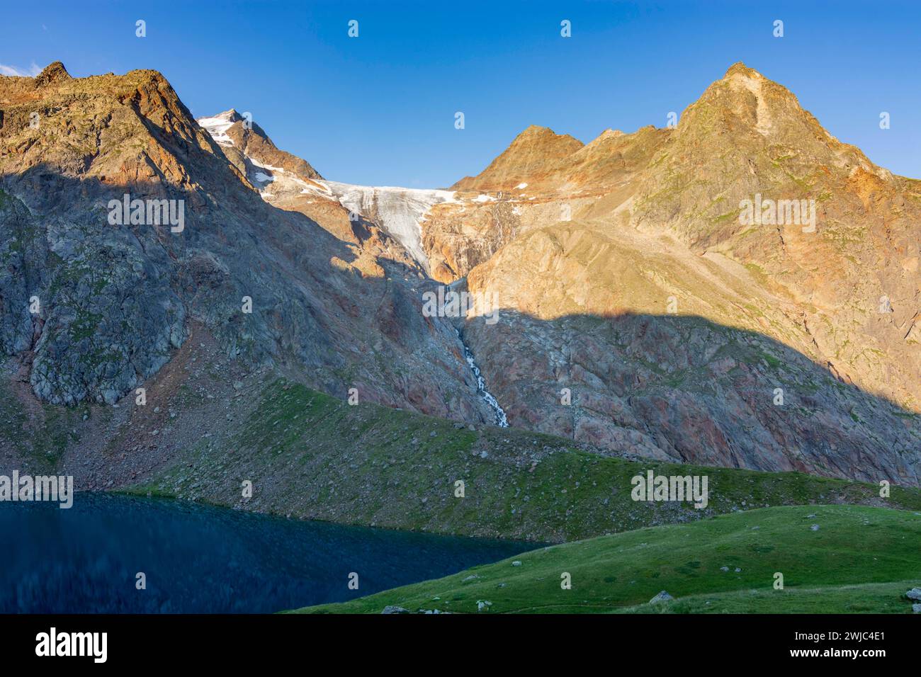 lake Grünausee, view to summit Wilder Freiger Stubaier Alpen Stubai ...