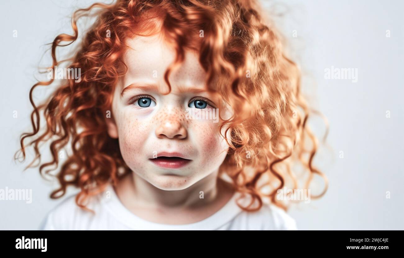 Portrait of a beautiful unhappy kid. Curly red hair and freckles ...