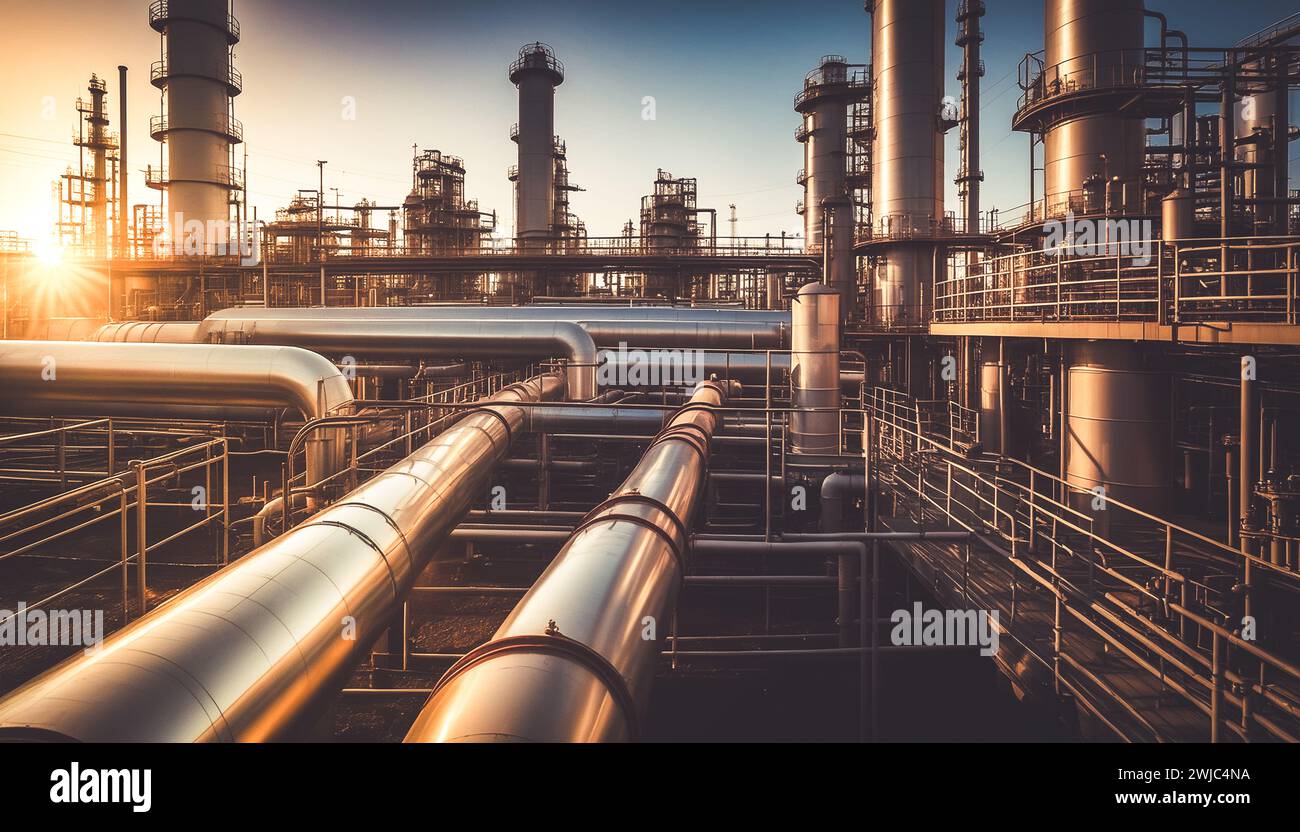 Metal tubes of an industrial oil refinery. Crude oil processing ...