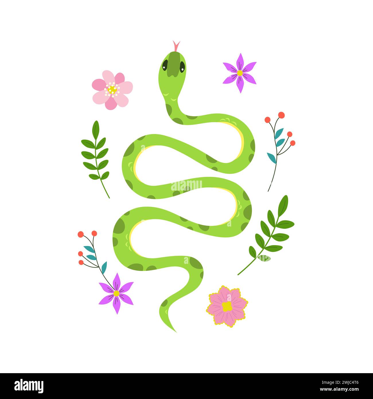 Cute green snake surrounded by spring flowers. Kawaii character in ...