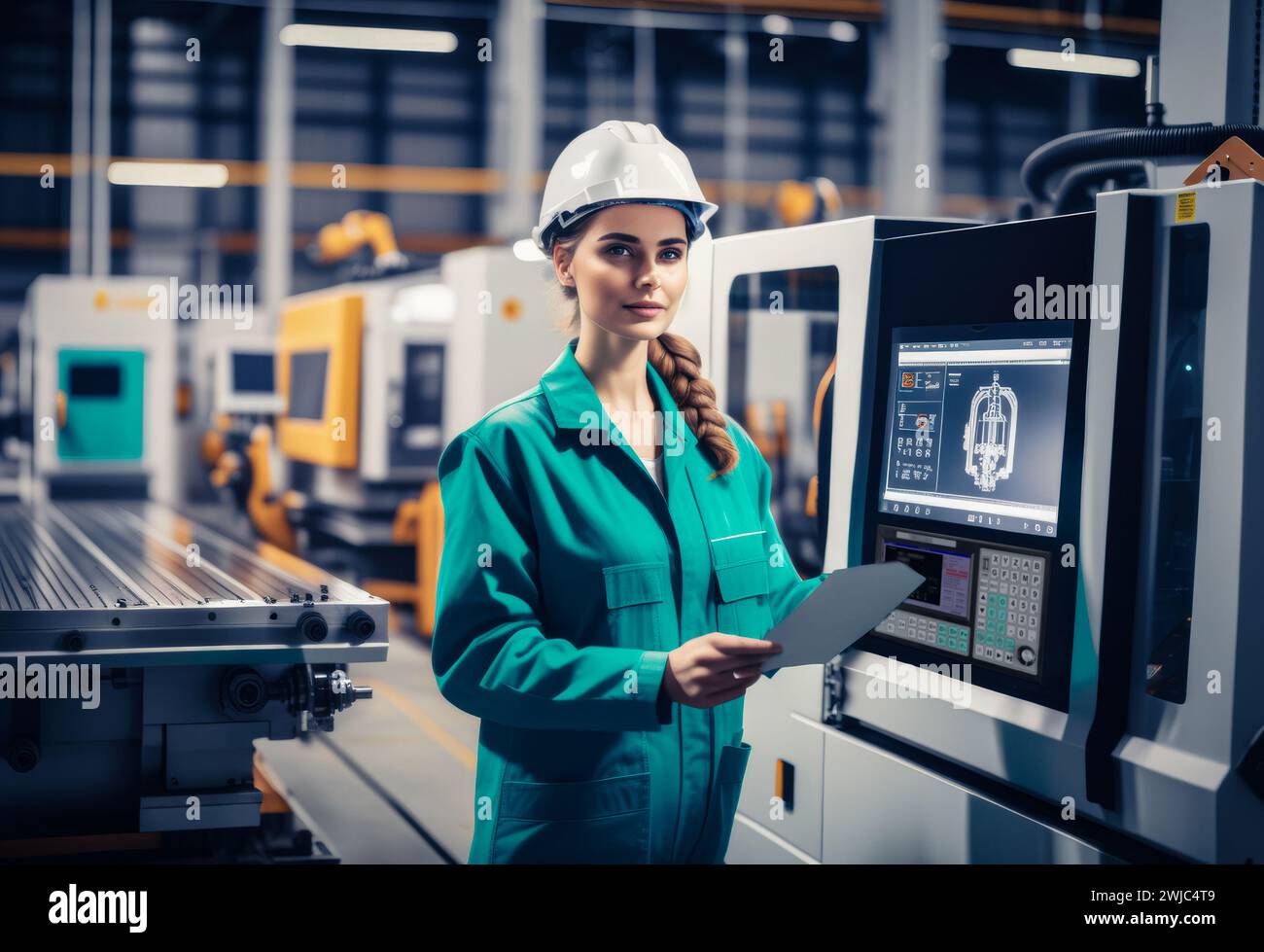 Female worker using CNC machine in factory workshop production line ...