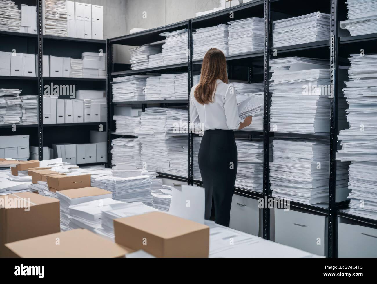 Woman archiving paper documents at office. Stacks of papers, documents ...