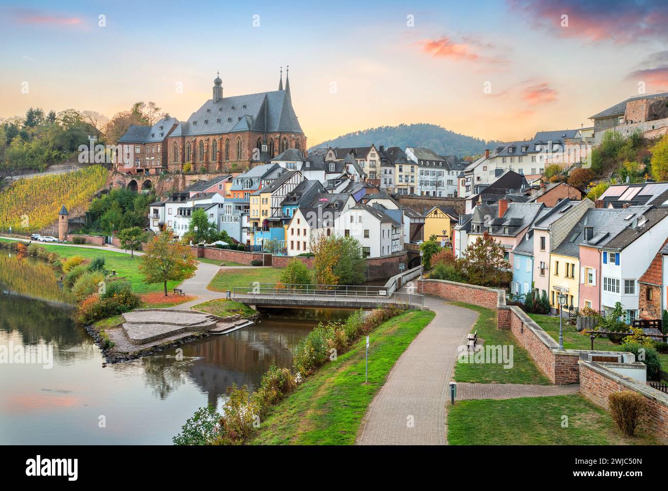 View of Saarburg, Germany in place of confluence of rivers Saar and ...