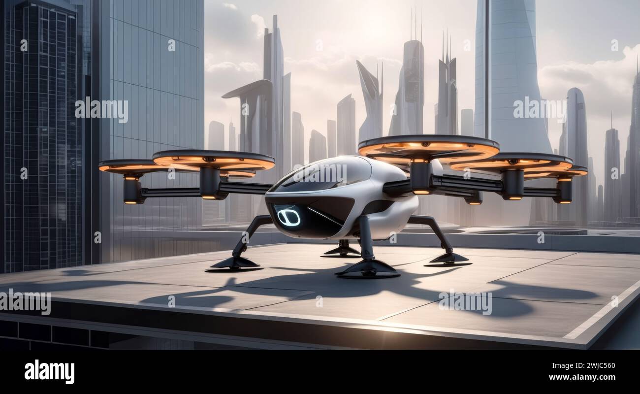 Futuristic VTOL quadcopter lands on helipad on a building roof. New ...
