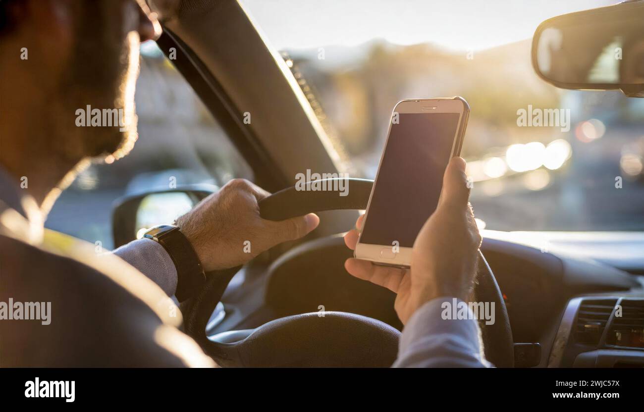 Person behind the wheel uses smartphone while driving. Accident danger ...