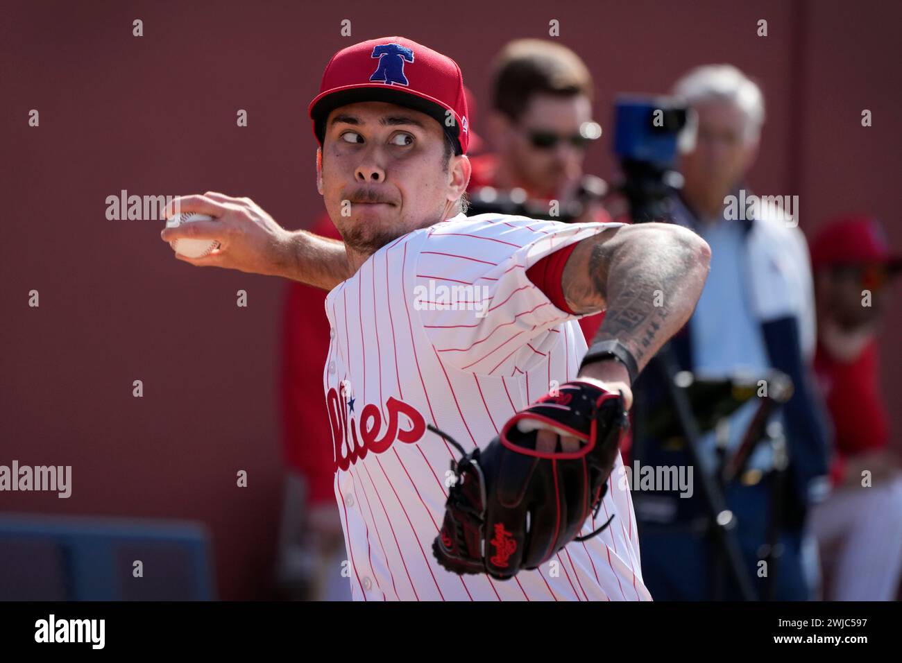 Philadelphia Phillies pitcher Orion Kerkering throws during a baseball ...