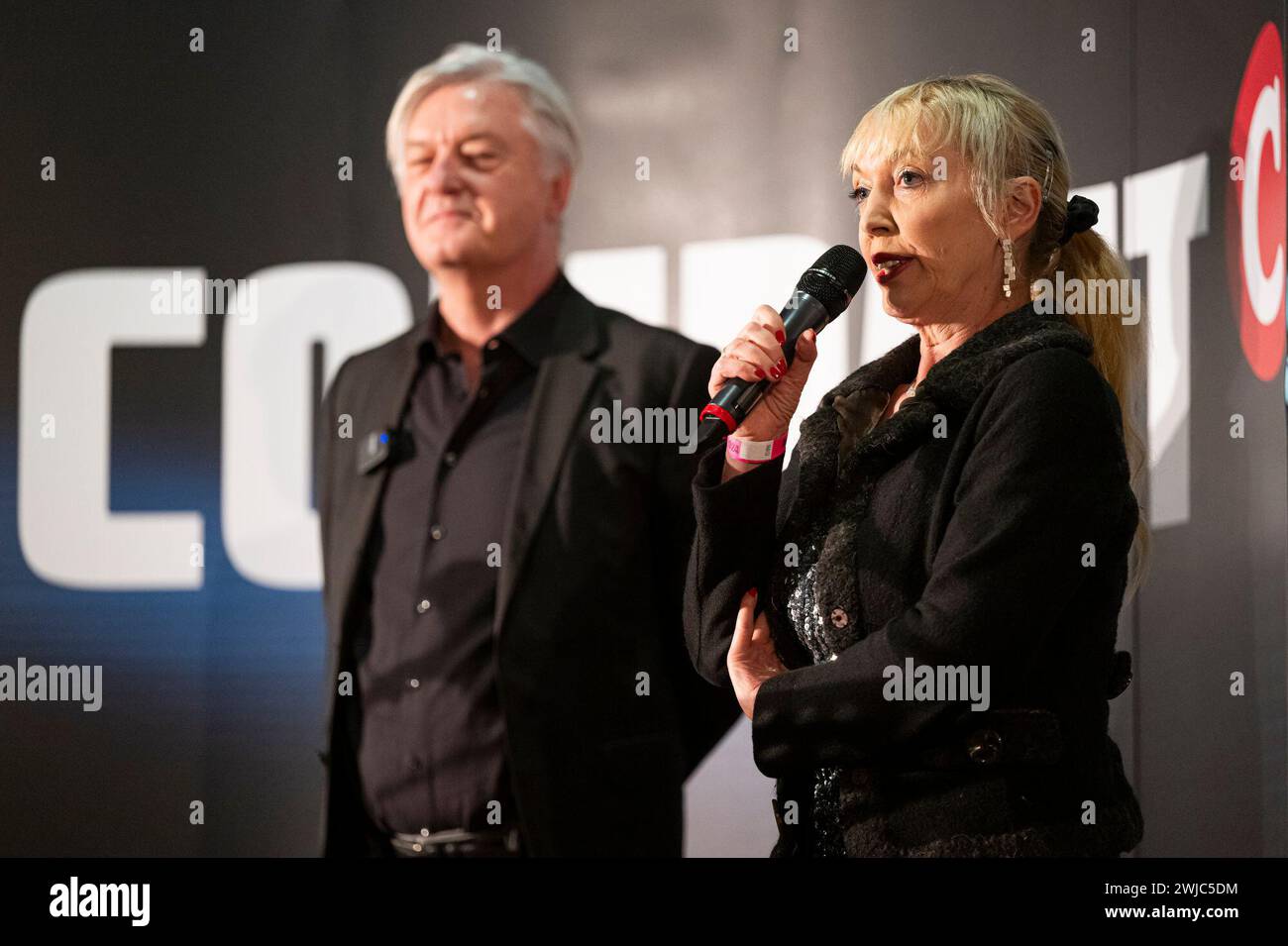 Ronneburg, Germany. 14th Feb, 2024. Jürgen Elsässer (l), publisher of ...