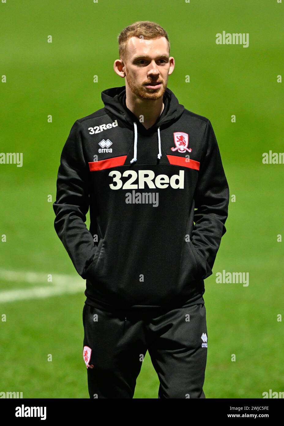 Preston, UK. 14th Feb, 2024. Tom Glover of Middlesbrough inspects the ...