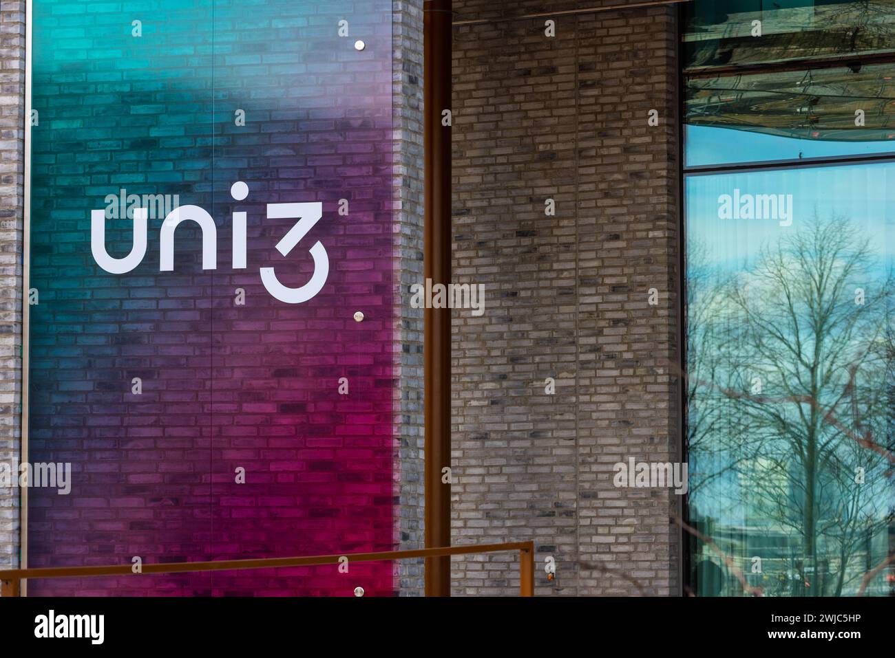 Gothenburg, Sweden - April 03 2022: Uni3 logo by the entrance of an ...