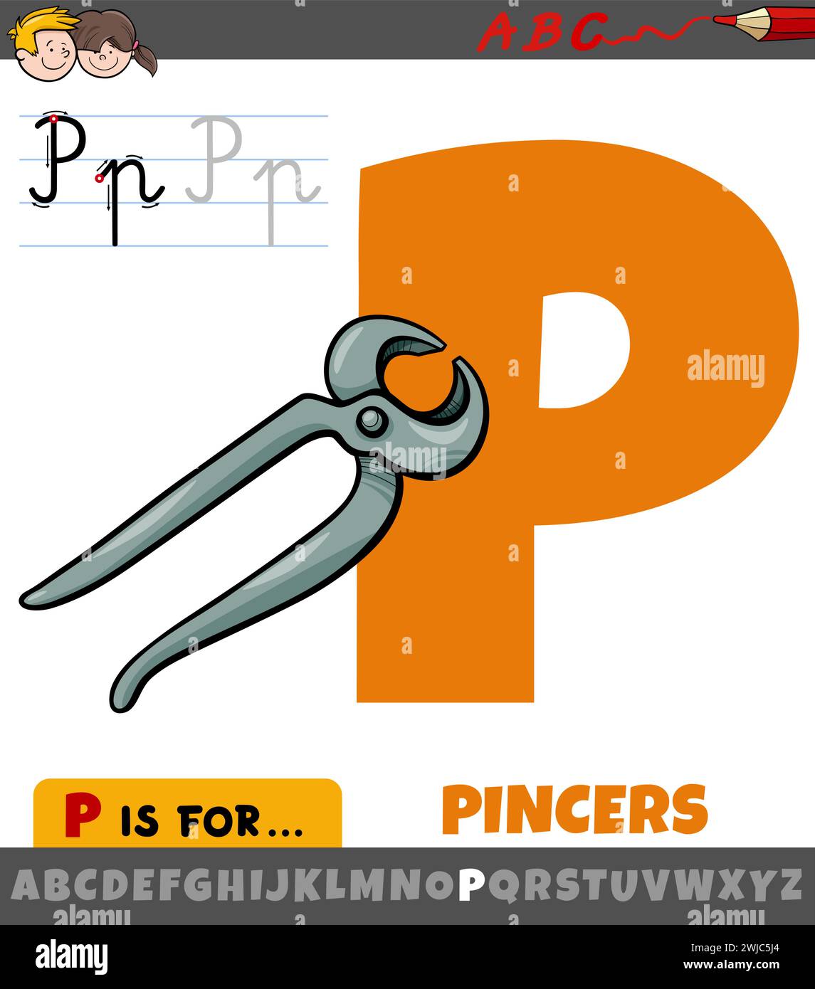 Educational cartoon illustration of letter P from alphabet with pincers ...