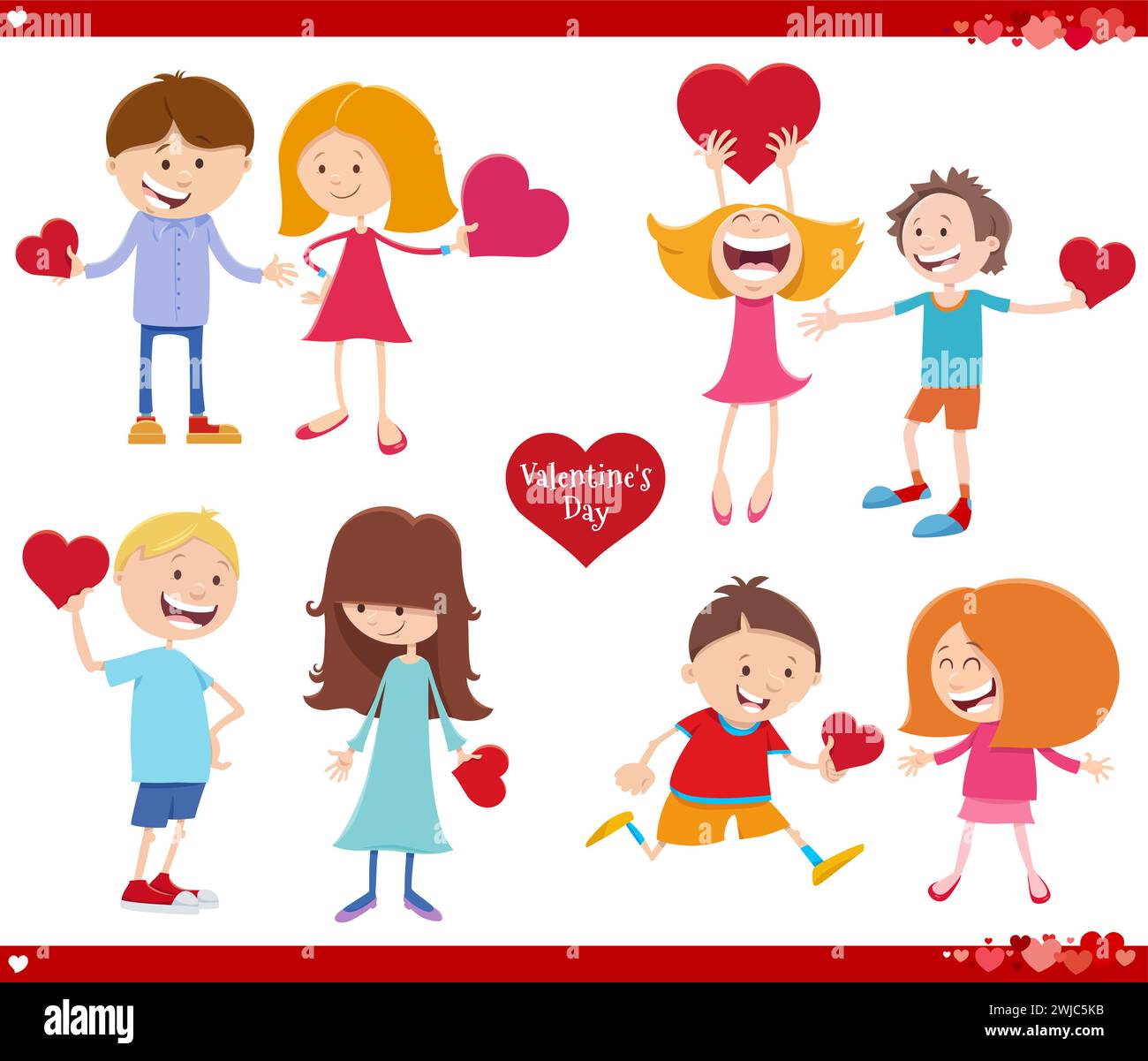 cartoon illustration set with girls and boys in love with Valentines ...