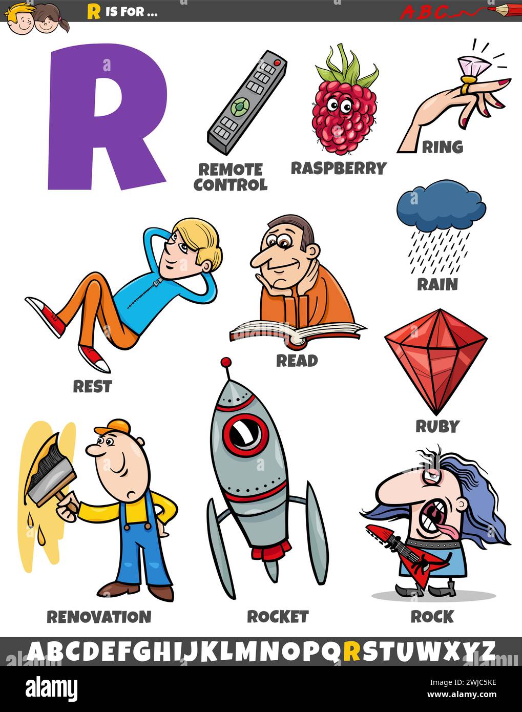 Cartoon illustration of objects and characters set for letter R Stock ...