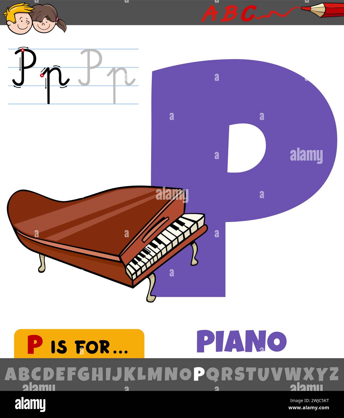 Educational cartoon illustration of letter P from alphabet with piano ...