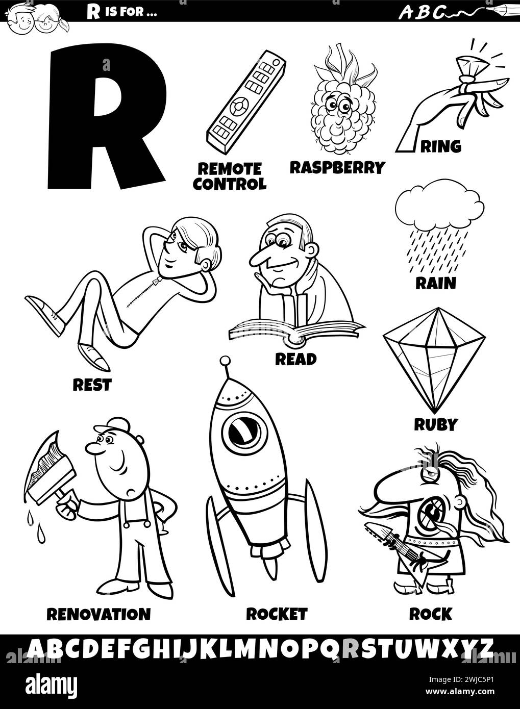 Cartoon illustration of objects and characters set for letter R ...