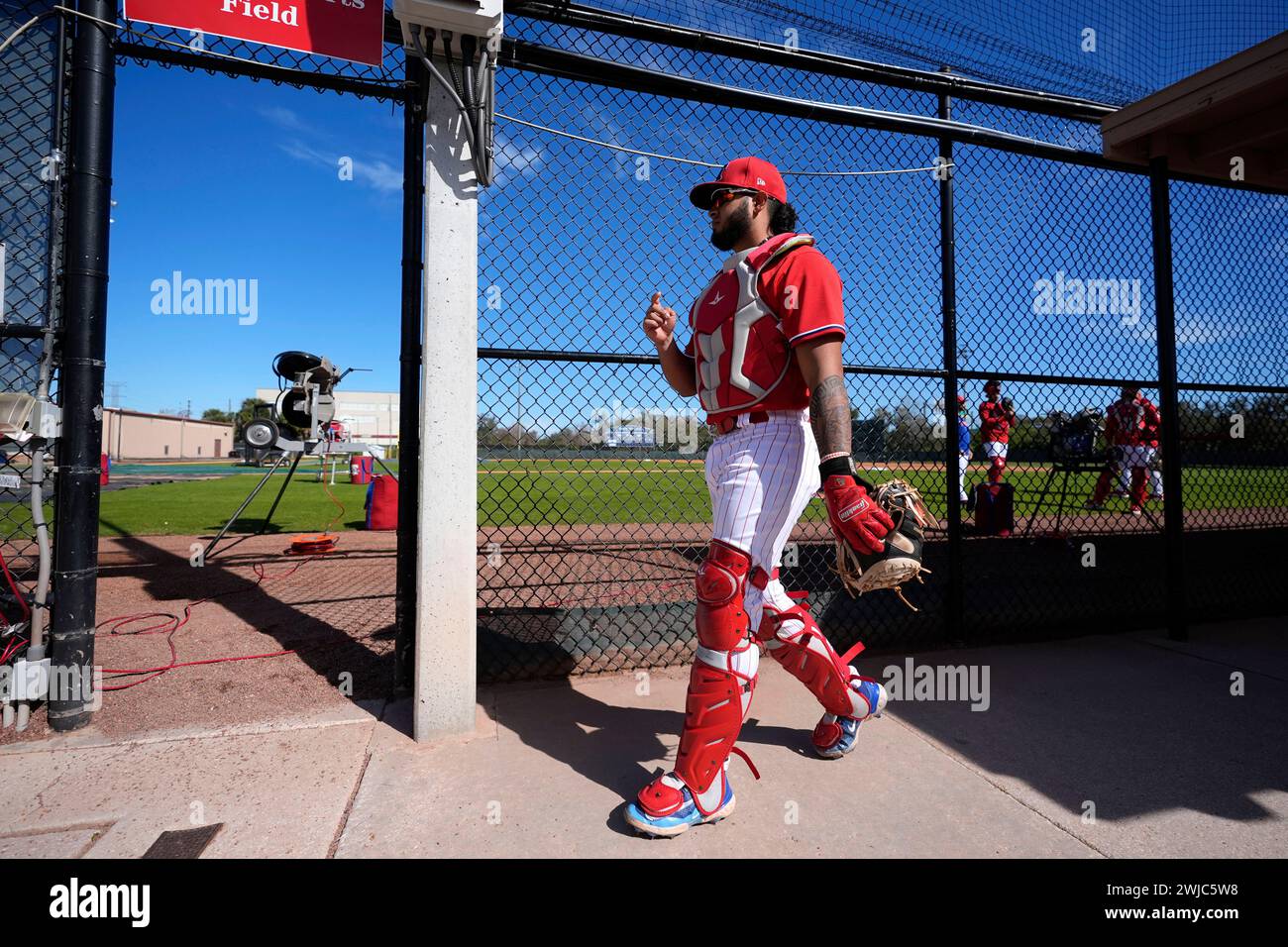 Philadelphia Phillies catcher Angel Mata walks to a field during a ...