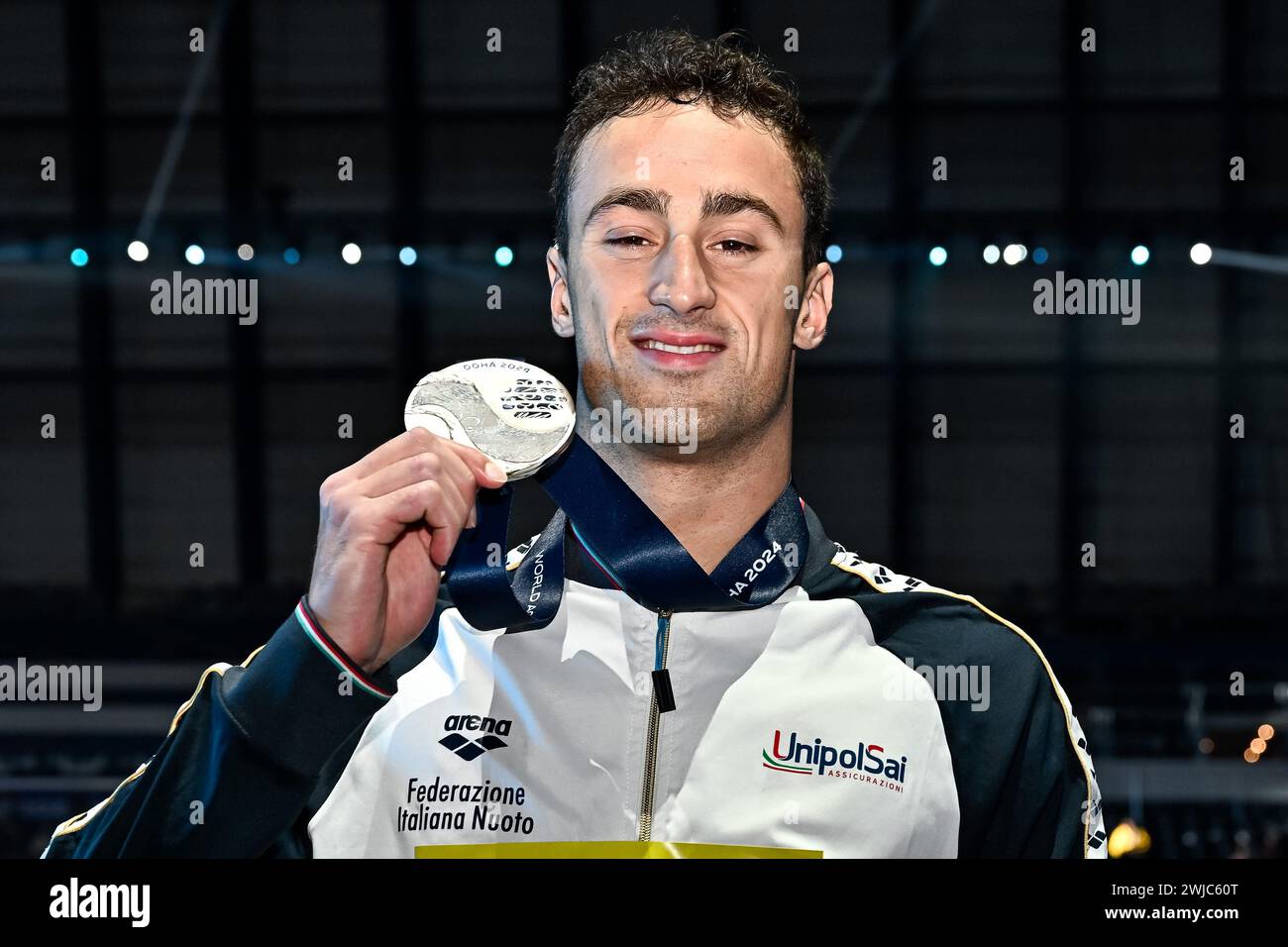 Doha, Qatar. 14th Feb, 2024. Alberto Razzetti of Italy shows the silver ...