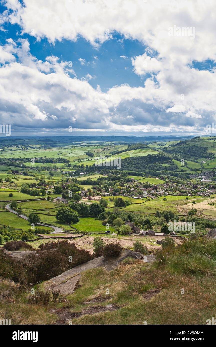 Aerial view of scenic countryside from hilltop: Peak District National ...