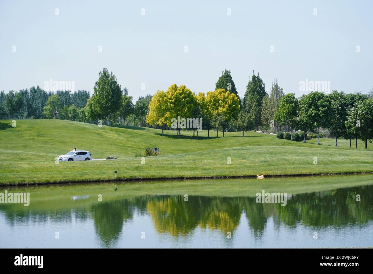 Car parked by river in grassy area Stock Photo - Alamy