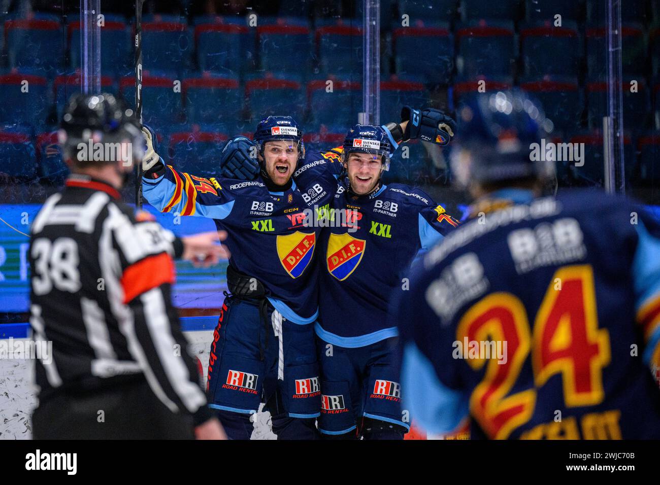 STOCKHOLM 2024-02-14 Djurgårdens Daniel Brodin jublar efter att ha ...