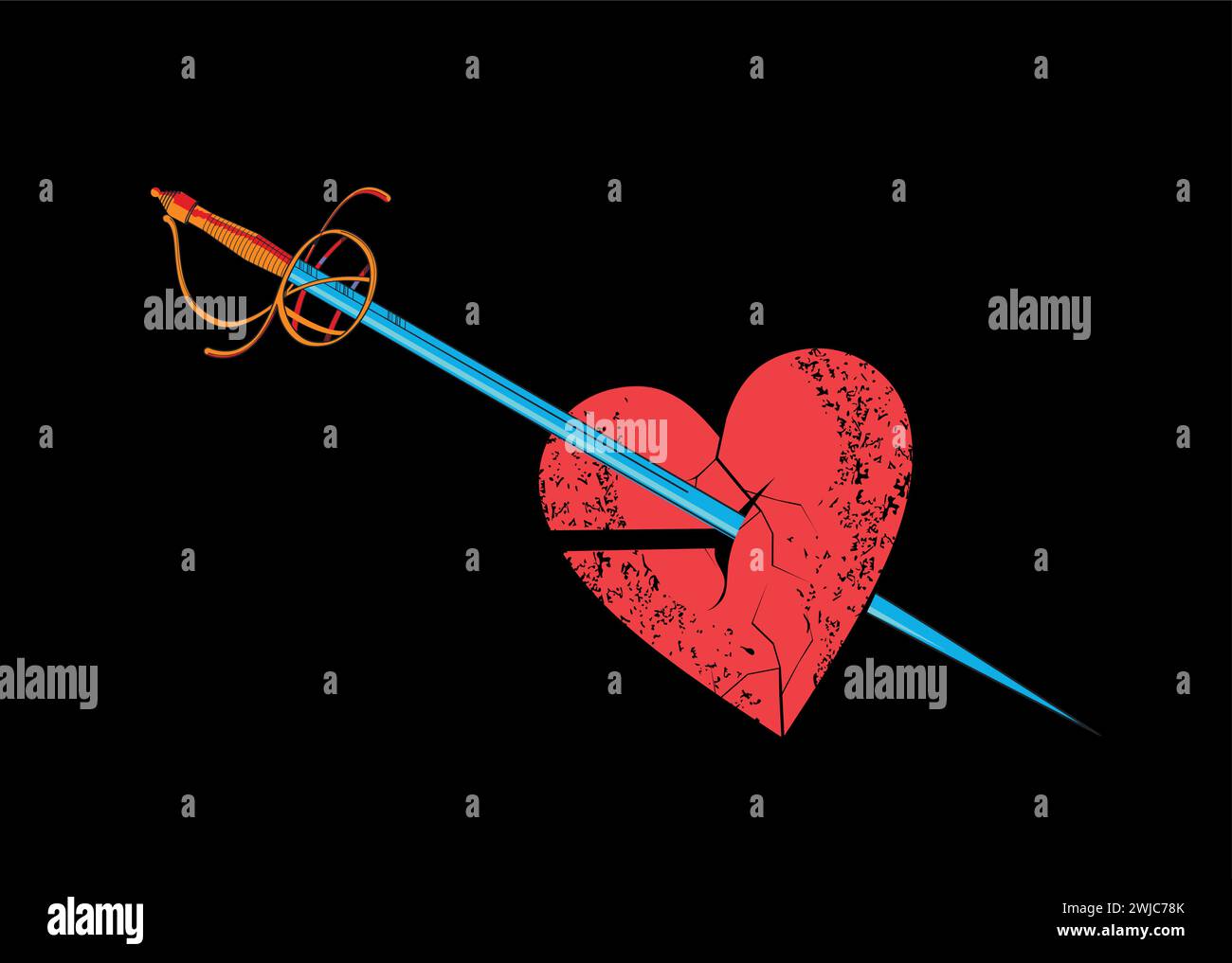 T-shirt design of a red heart pierced by a Renaissance sword ...