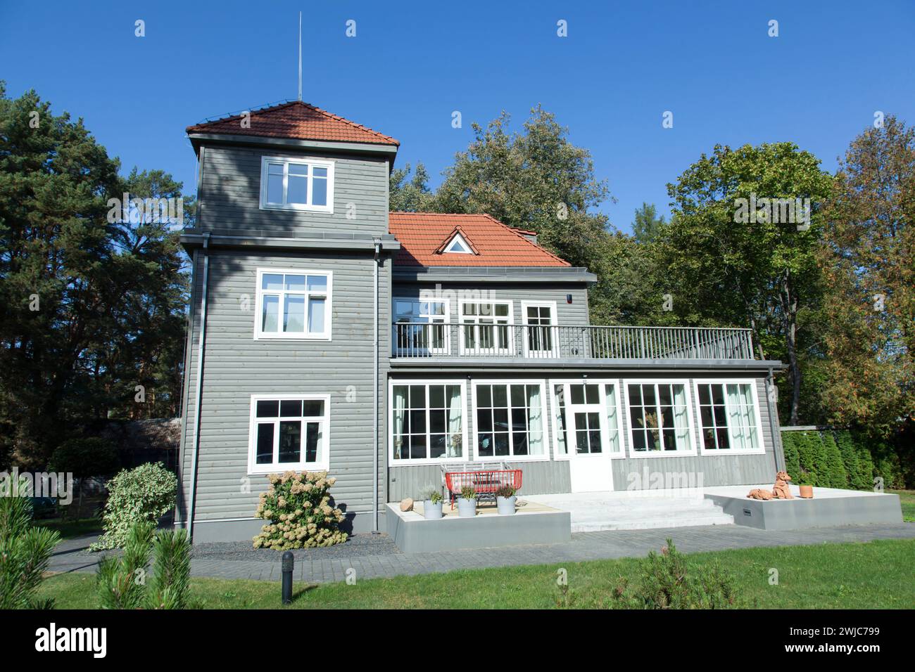 The view of historic wooden residential house built before WW2 in ...